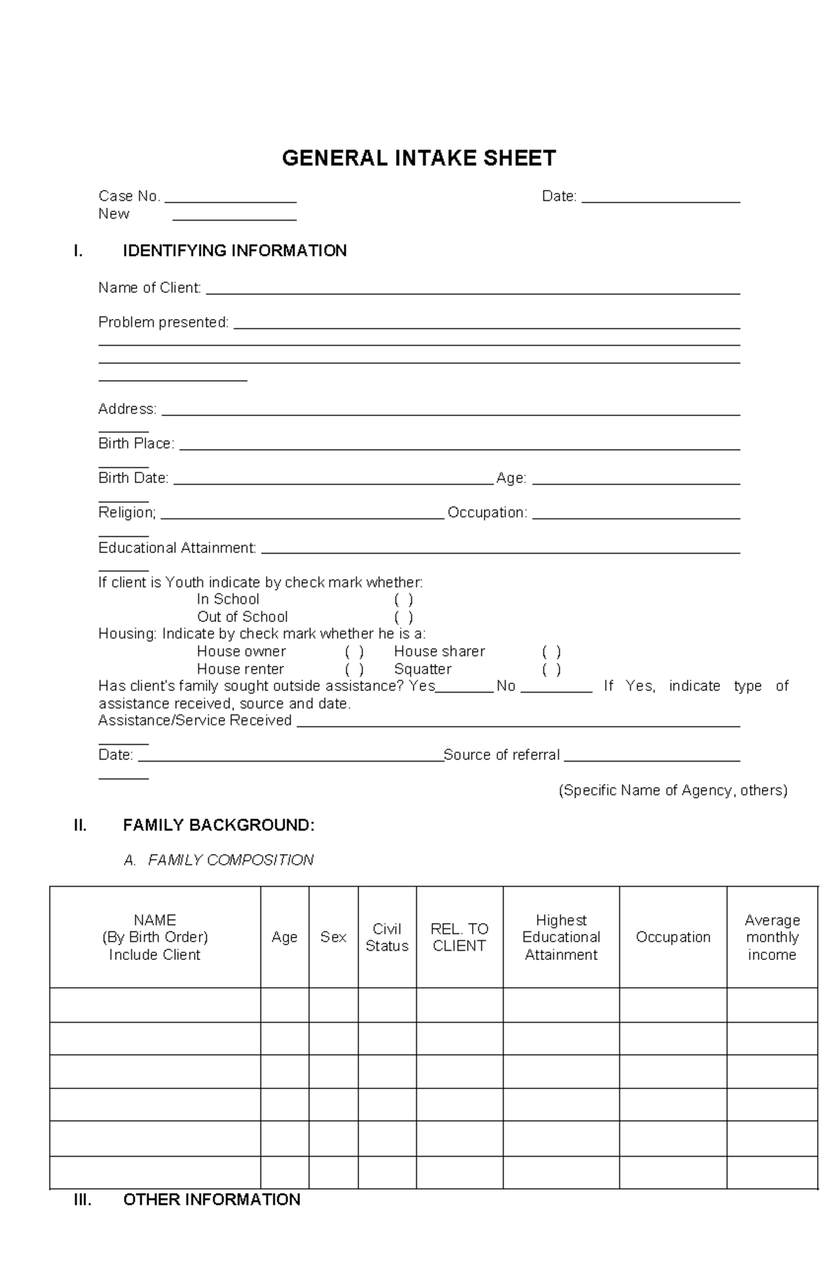 General Intake Sheet: Client Assessment and Rehabilitation Goals - Studocu