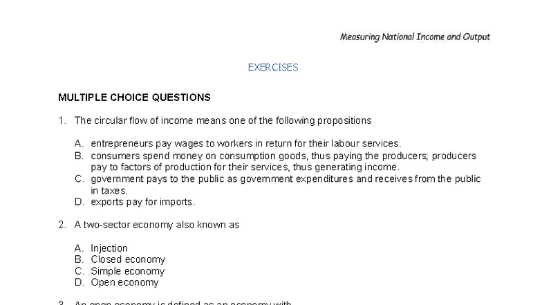 Chapter 2: Multiple Choice Questions on Circular Flow of Income and ...