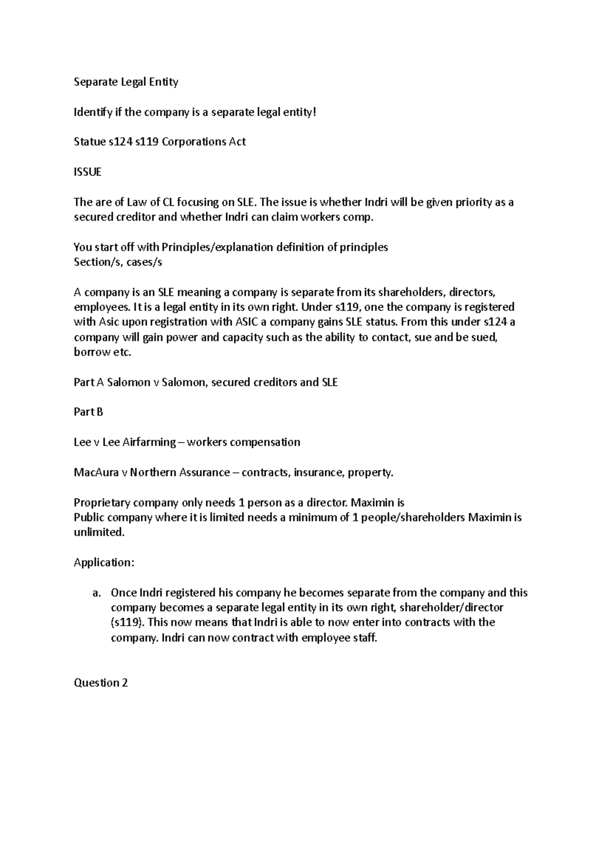 Corporations Law CL - Exam Prep Notes on Separate Legal Entity - Studocu