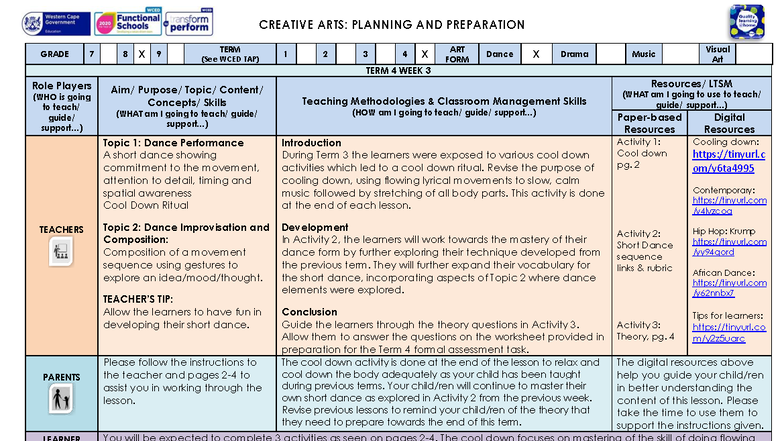 Creative Arts Lesson Plan: Dance Performance & Theory GRADE 7-8 TERM 4 ...