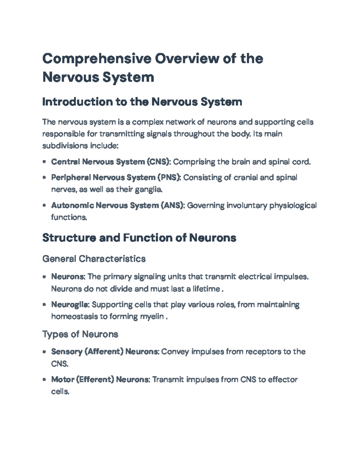 Nervous System Structure & Function: Comprehensive Overview (BIOL 101) - Comprehensive Overview ...