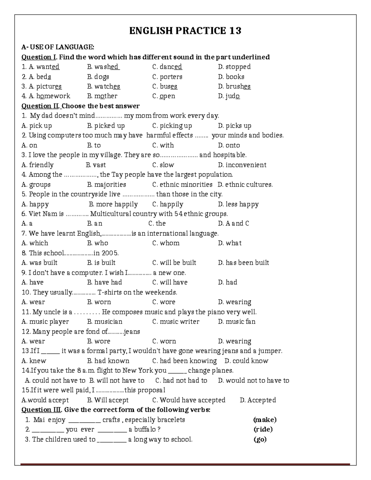 Test 13 - English Language Practice: Sound Differences & Verb Forms ...
