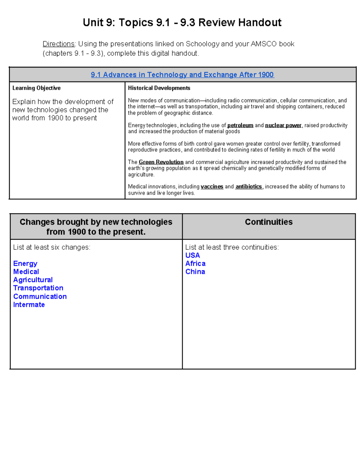 Unit 9 Lecture Notes: Advances in Technology and Disease (Ch. 9.1-9.3 ...
