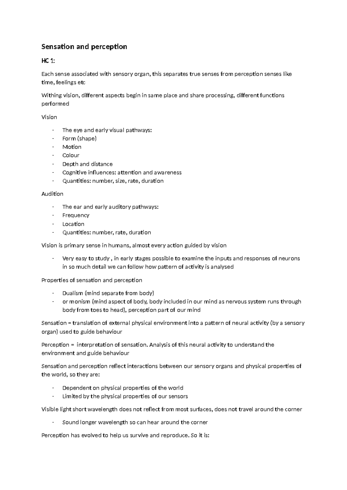 Sensation and Perception Summary HC 1: Understanding Senses and ...