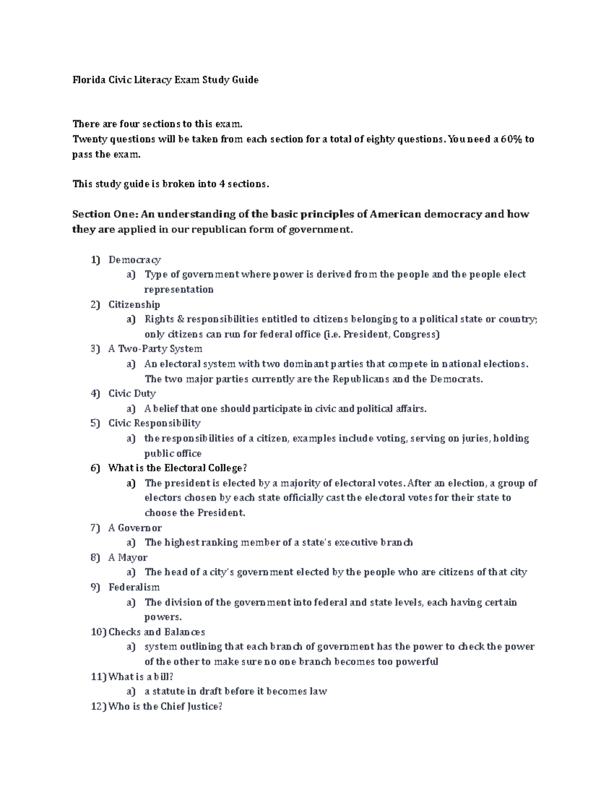 Florida Civic Literacy Exam Study Guide: Core Principles & Historic ...