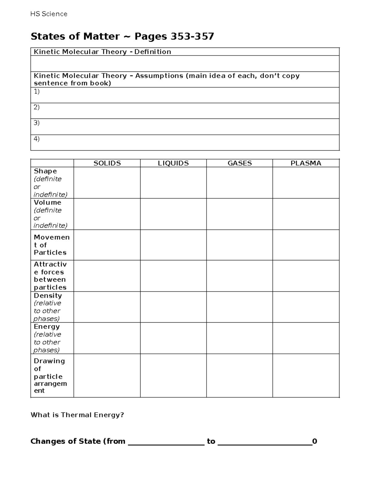 Kinetic Molecular Theory and States of Matter - HS Science Notes - HS ...