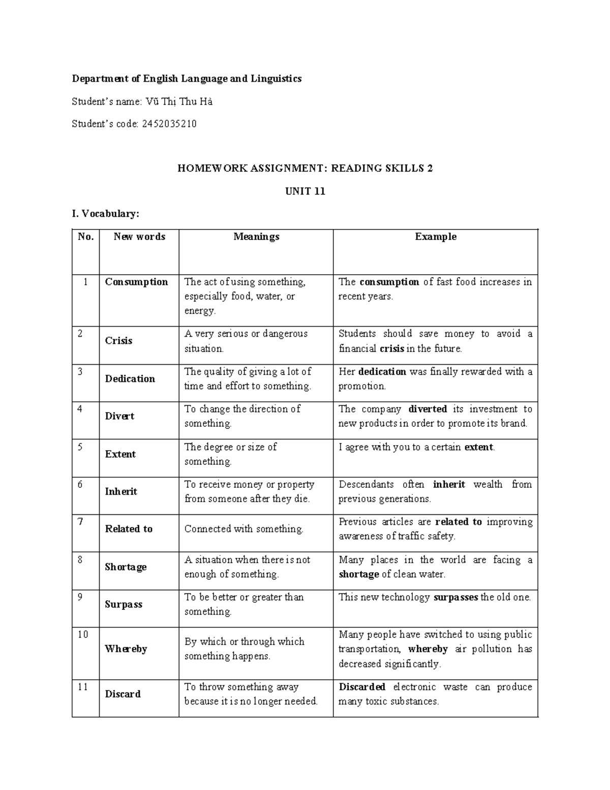 ENG 2452035210 Homework: Reading Skills 2 Unit 11 Vocabulary - Studocu