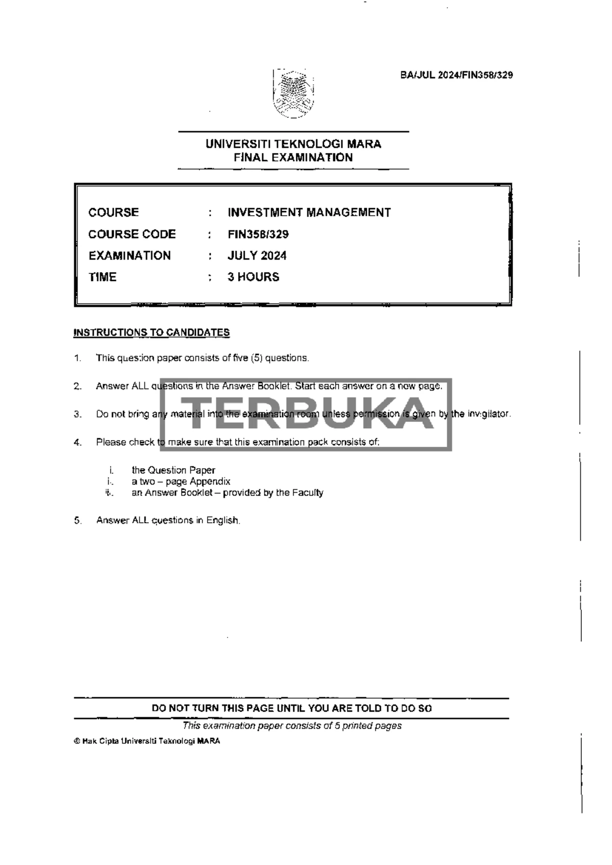 FIN358 JULY 2024 - Final Exam Past Year Questions and Solutions - Studocu