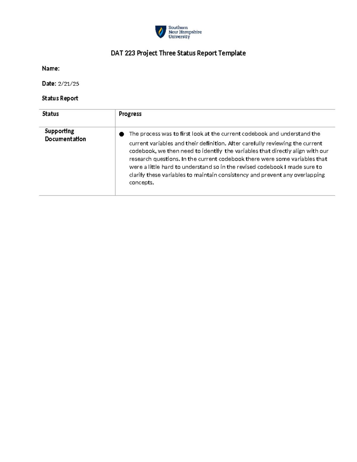 DAT 223 Project Three Status Report - After carefully reviewing the ...