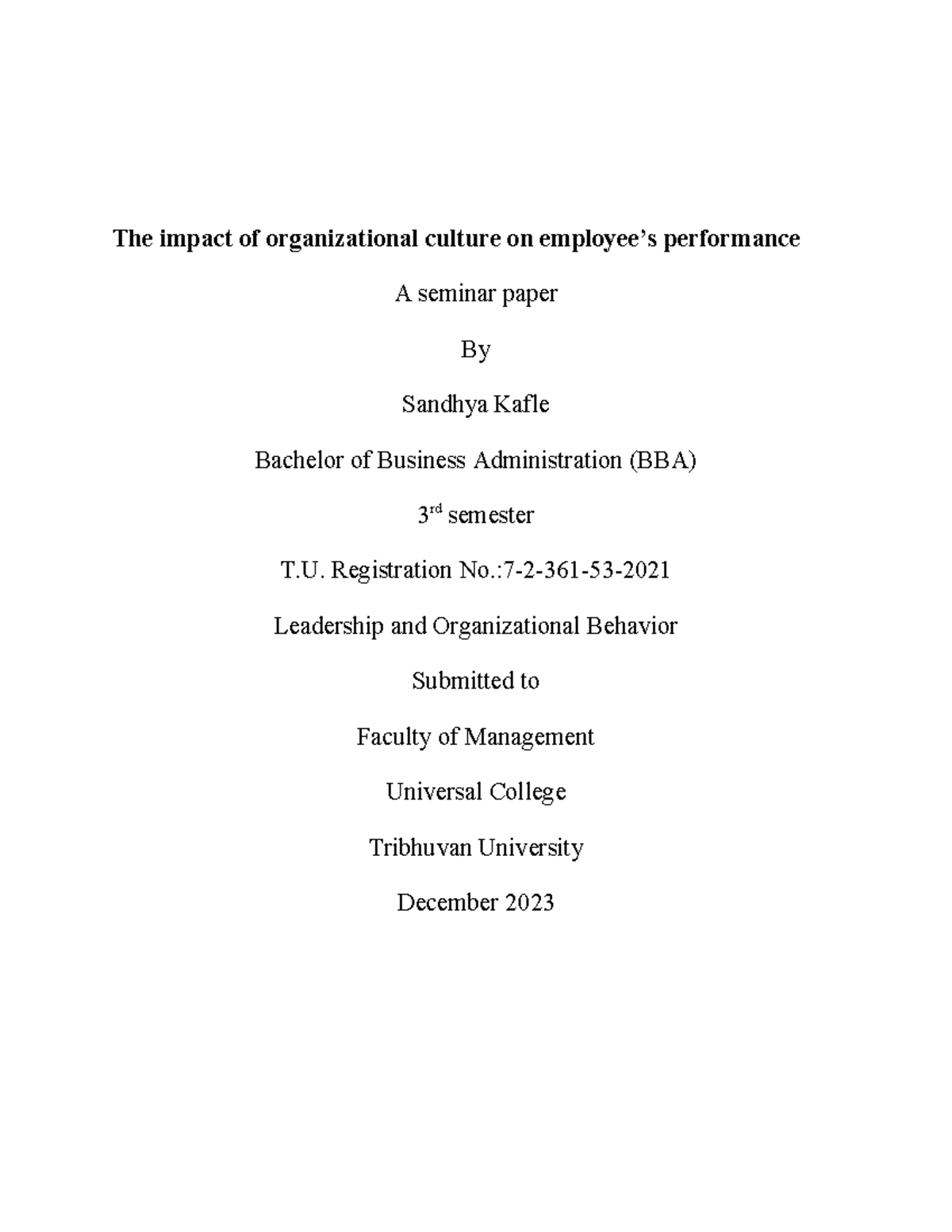 BBA 3rd Sem: Impact of Organizational Culture on Employee Performance ...