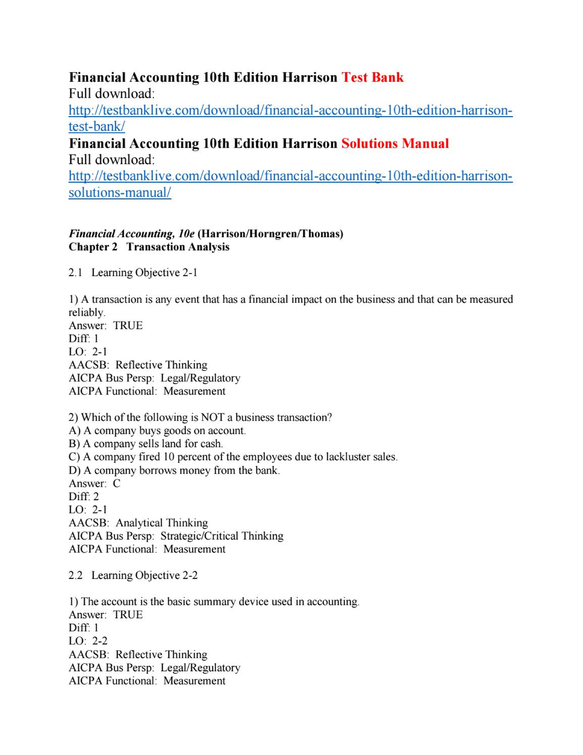 Financial accounting 10th edition harrison test bank - Studocu