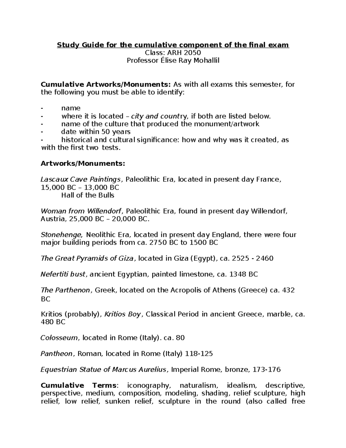 Cumulative Study Guide for ARH 2050 Final Exam: Key Artworks & Terms ...