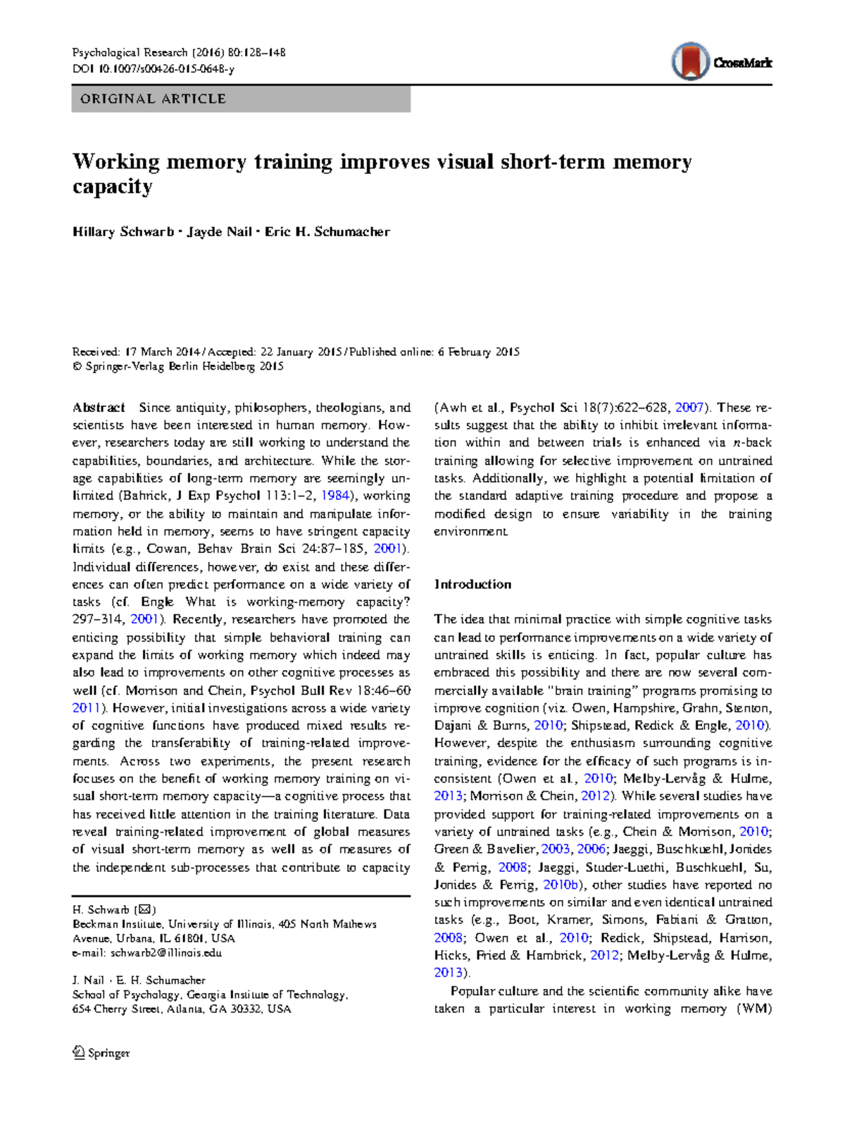 Working Memory Training: Enhancing Visual Short-Term Memory Capacity ...