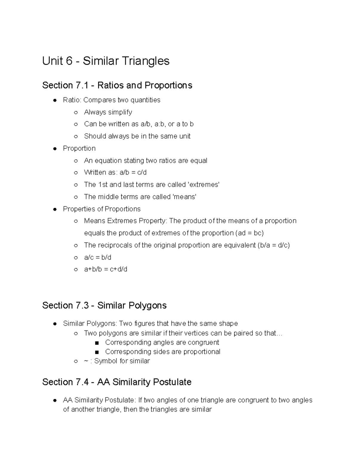 Geometry Unit 6 Notes: Understanding Similar Triangles and Proportions ...