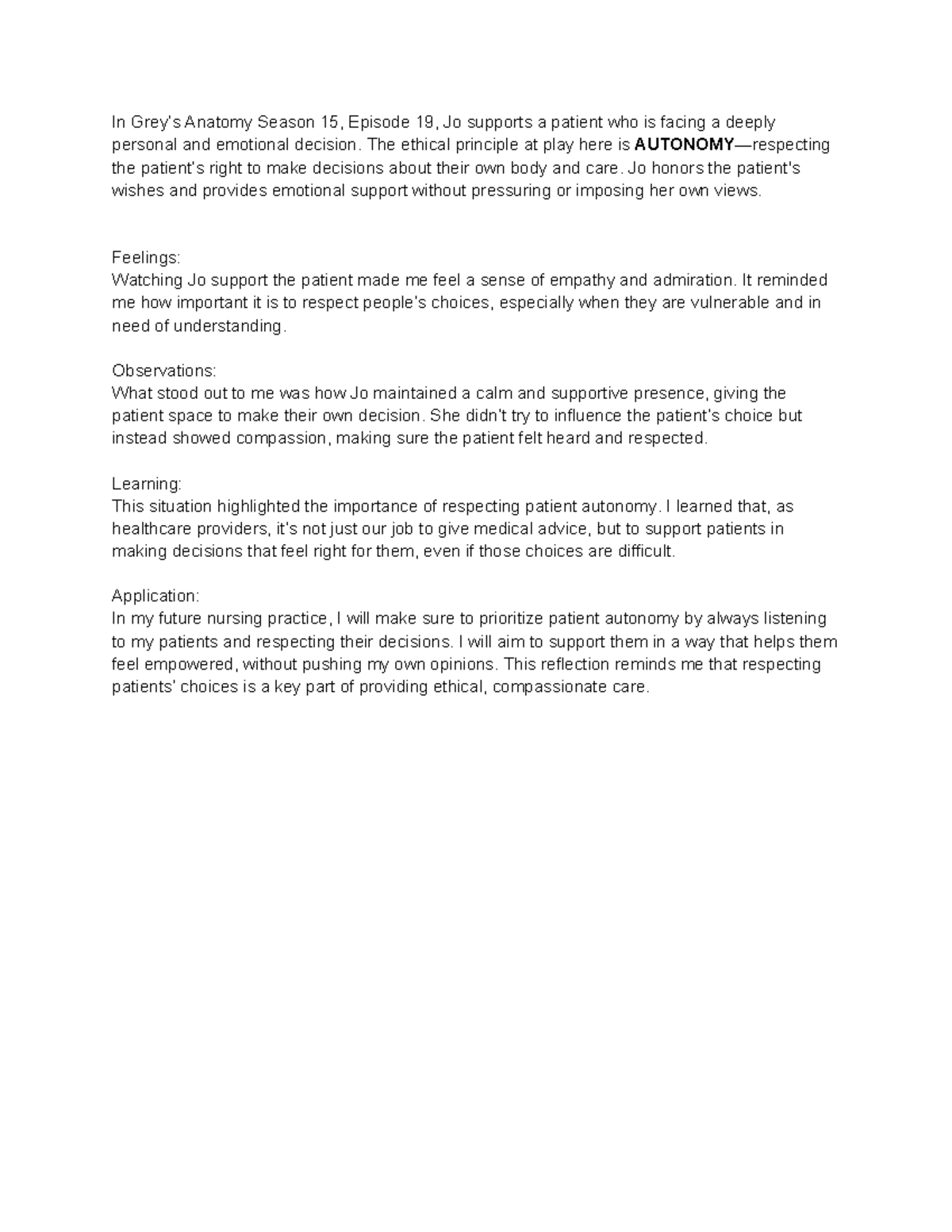 Anatomy 15: Reflection on Patient Autonomy and Ethical Care - Studocu