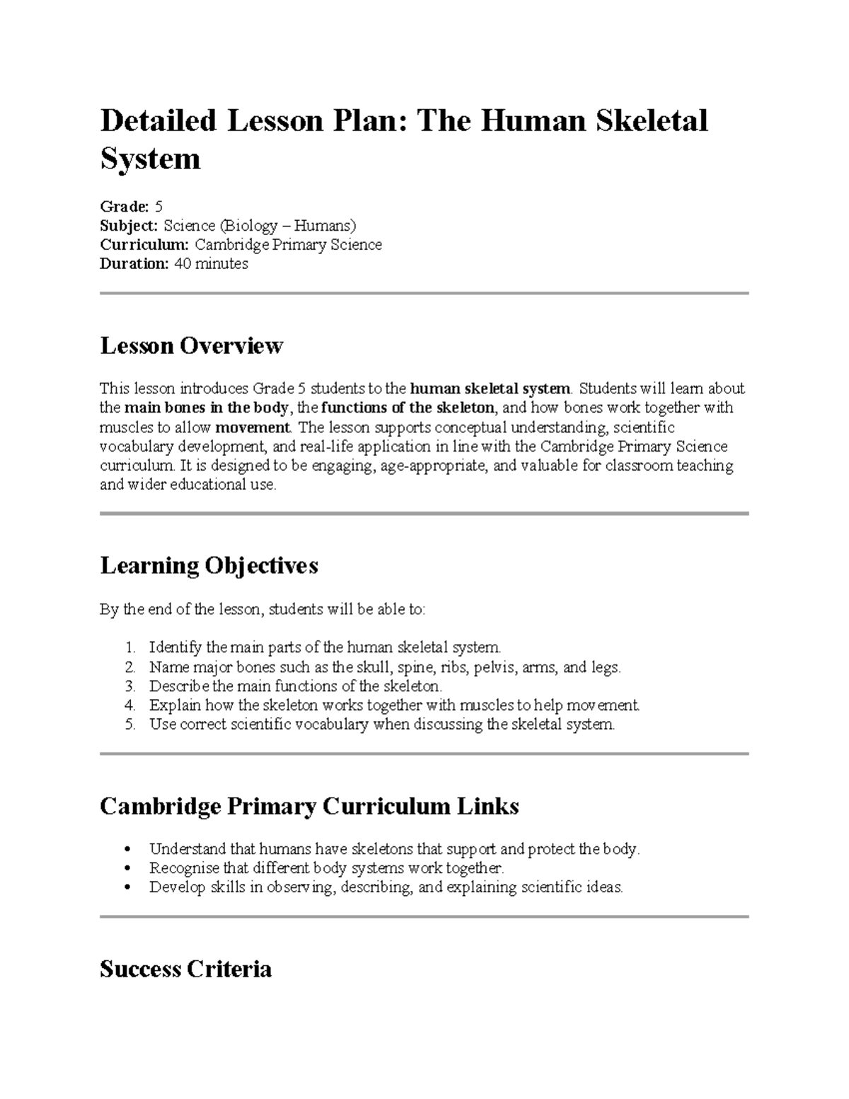 Detailed Lesson Plan: The Human Skeletal System (Grade 5, Science ...