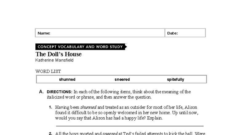 LIT17 ANC G10U2 House Katherine Mansfield Word Study Worksheet - Studocu