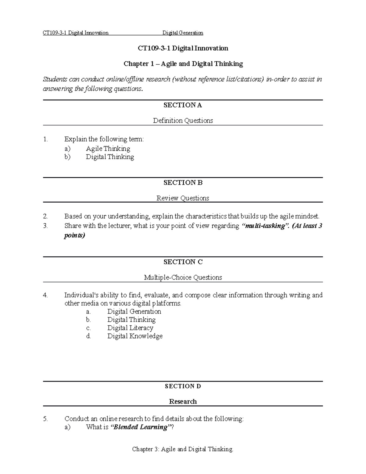 CT109-3-1 Chapter 1 Agile & Digital Thinking - Study Questions - Studocu