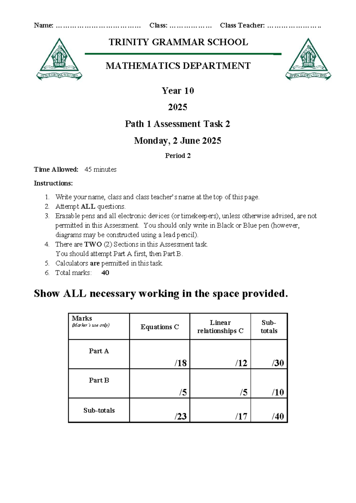 2025 Year 10 Mathematics Path 1 Assessment Task 2 - Studocu
