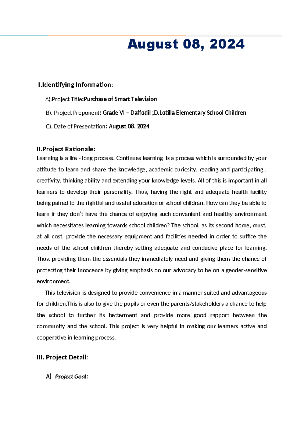 Hrpta Project Proposal: Purchase of Smart TV for Grade VI - Daffodil ...