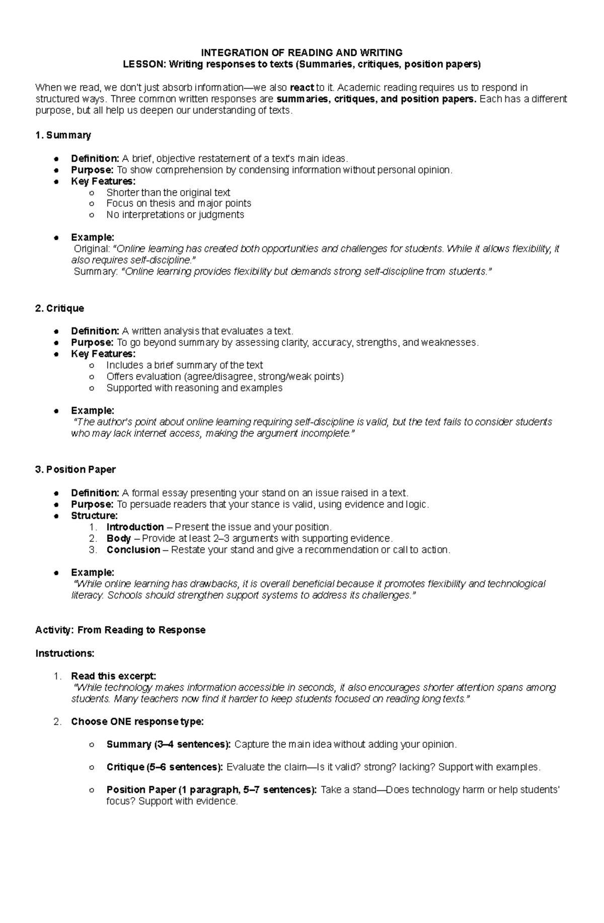 INTEGRATION OF READING & WRITING LESSON: Text Response Strategies - Studocu