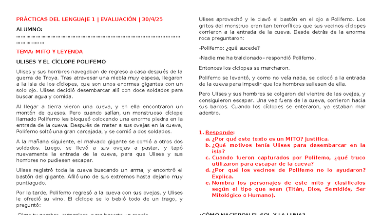 EVALUACIÓN MITO Y LEYENDA: ULISÉS Y EL CÍCLOPE POLIFEMO - Studocu