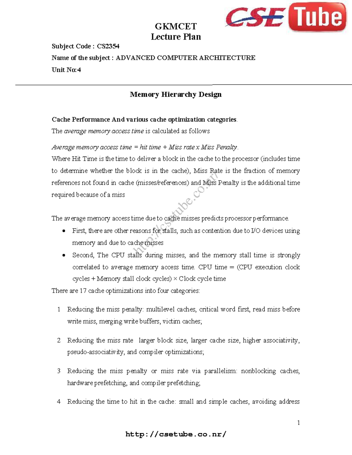 GKMCET Lecture Plan: CS2354 Advanced Computer Architecture - Unit 4 ...