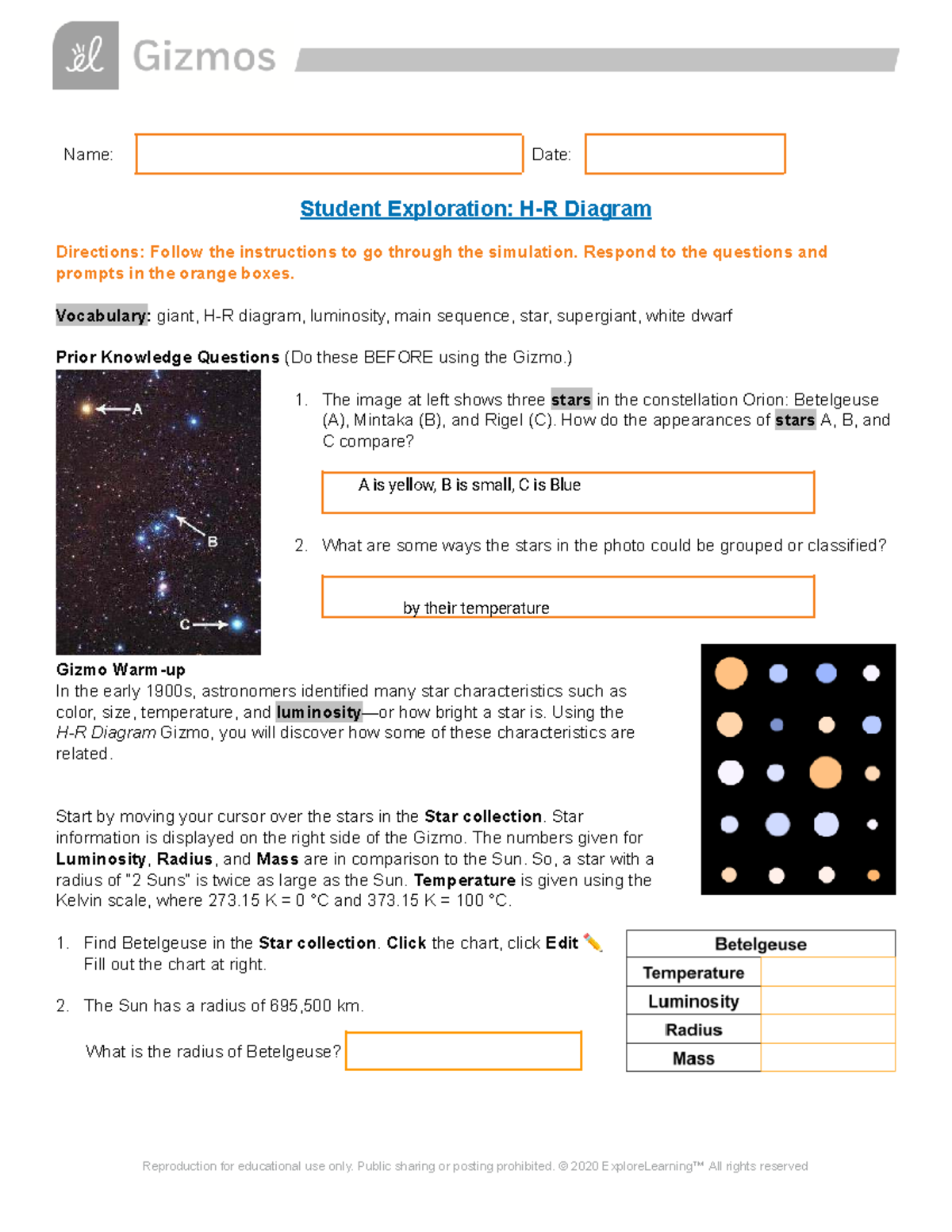H-R Diagram Student Exploration Gizmo WS - Studocu