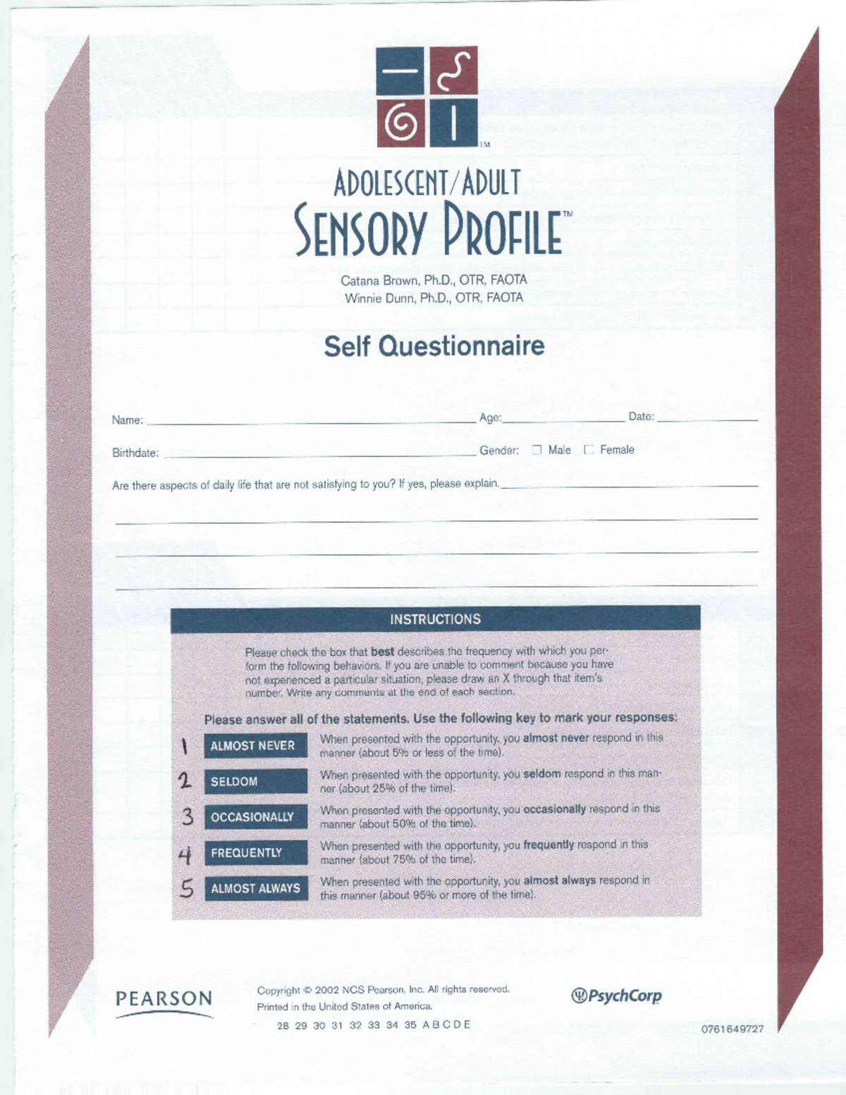 Adult Sensory Profile Questionnaire Scoring - Comprehensive Guide - Studocu