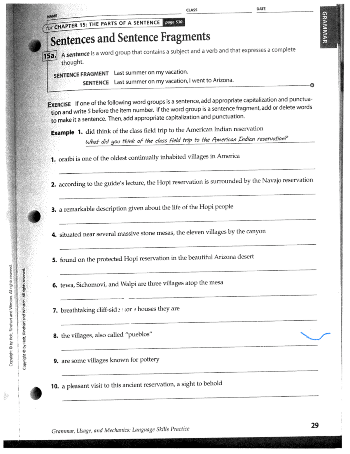 Parts of a Sentence - Sdsdsdsd - CLASS DATE NAME for CHAPTER 15: THE ...
