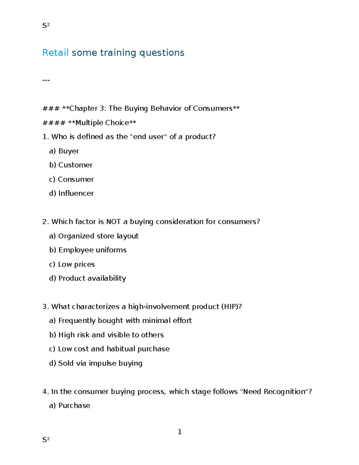 S² Retail Training Questions: Understanding Consumer Buying Behavior ...