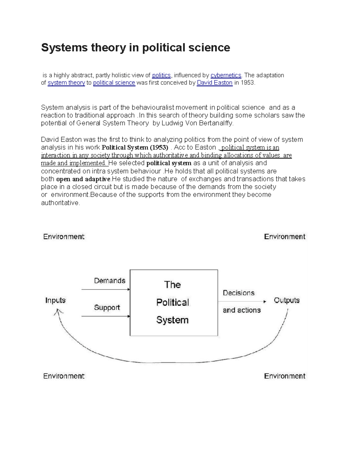 Systems Theory in Political Science: Insights from David Easton - Studocu