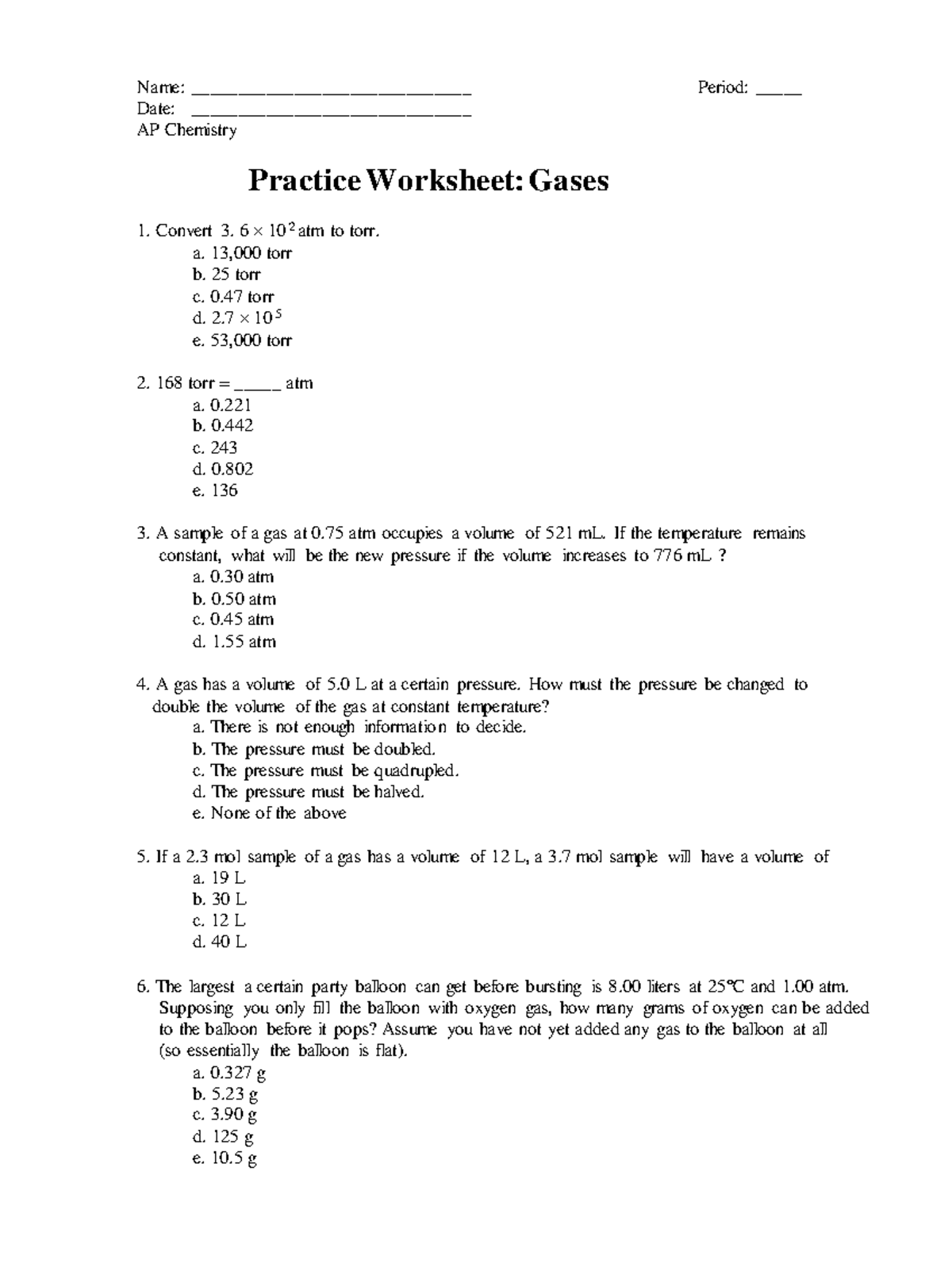 AP Chemistry (Practice Worksheet: Gases) - Studocu