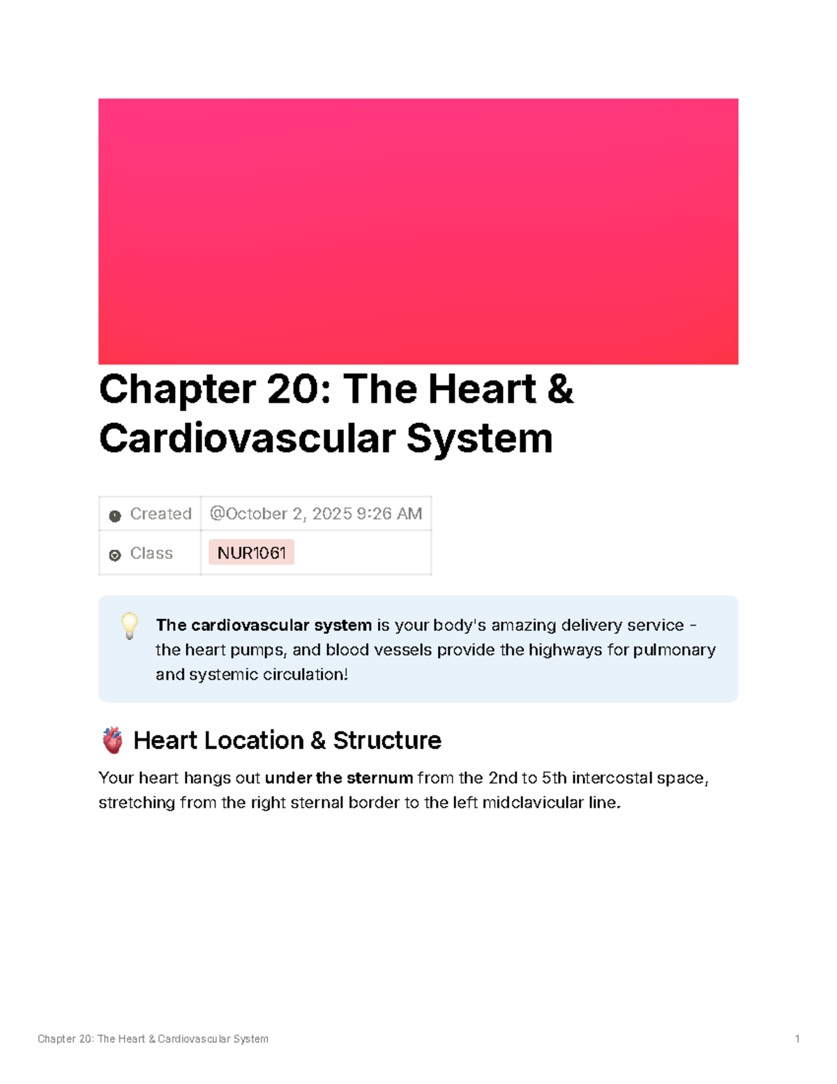 NUR1061 Final Exam Notes: Chapter 20 - The Heart & CV System - Studocu