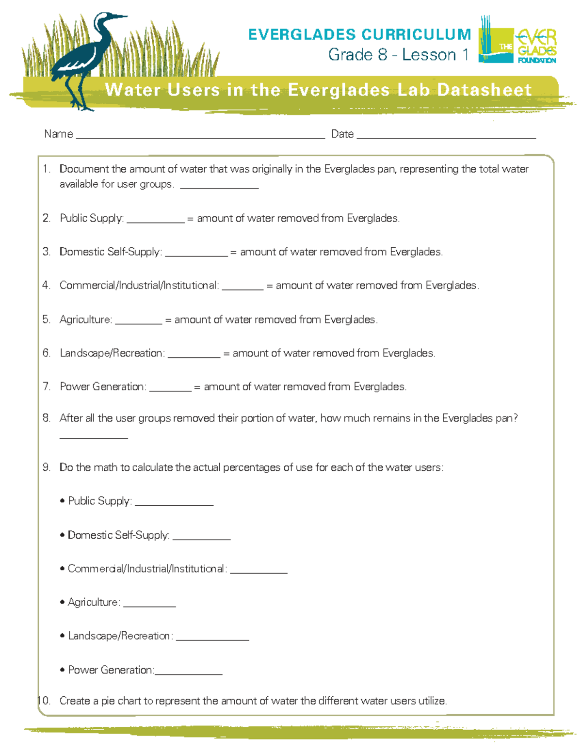 Grade 8 Lesson 1: Water Users in the Everglades Lab Datasheet - Studocu