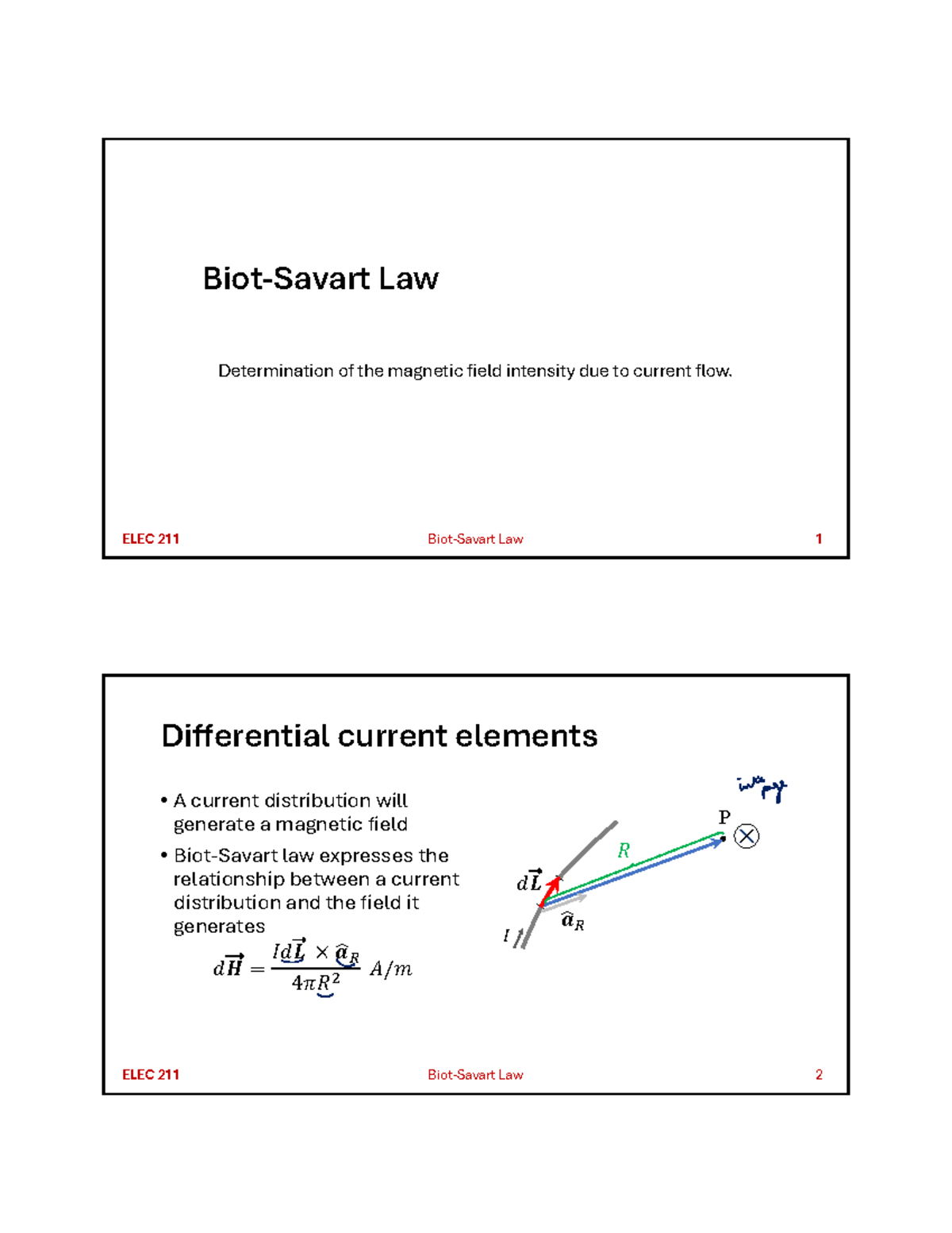 ELEC 211 - Biot-Savart Law: Magnetic Field Intensity Analysis - Studocu