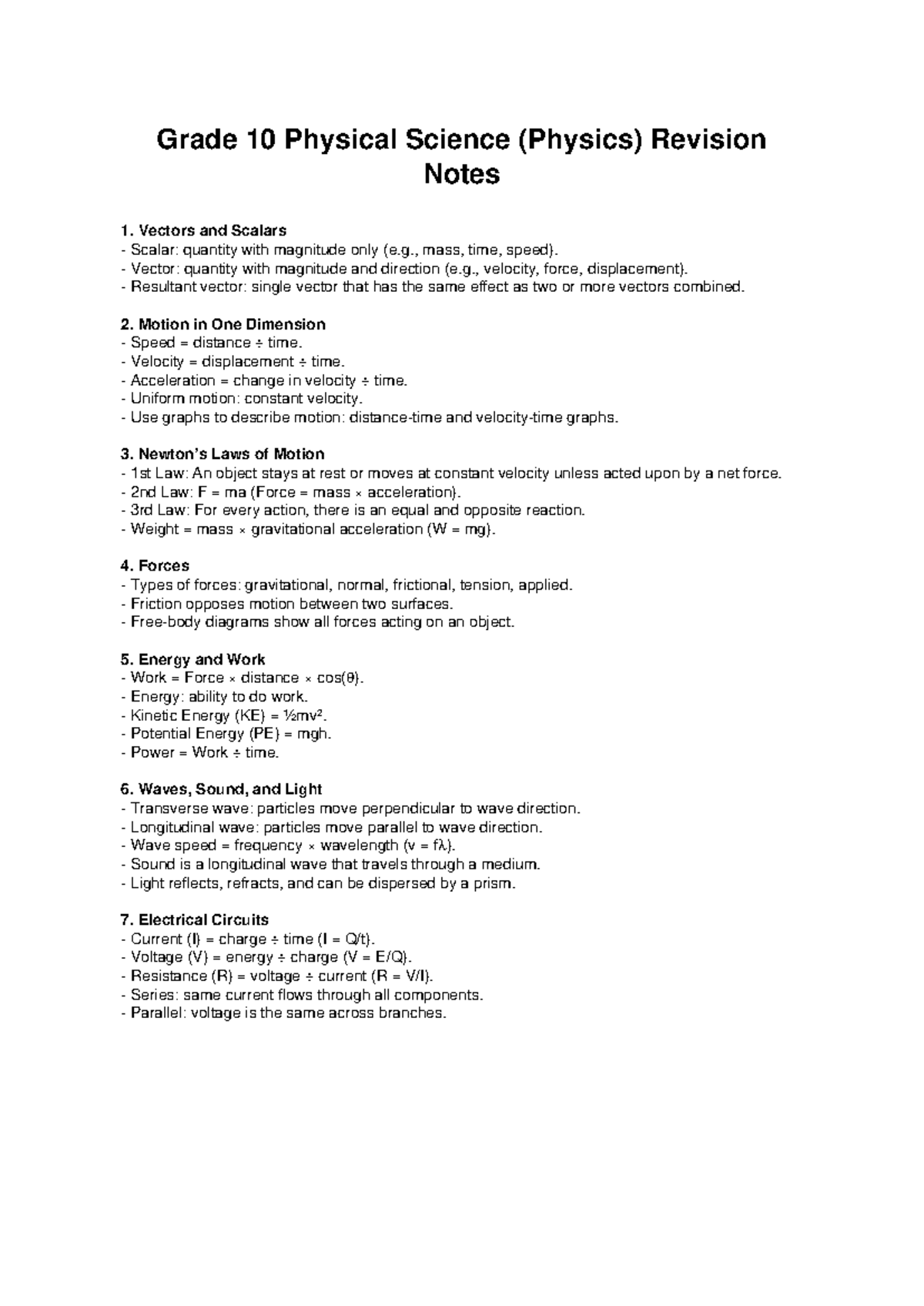 Grade 10 Physics Revision Notes: Vectors, Motion, and Forces - Studocu