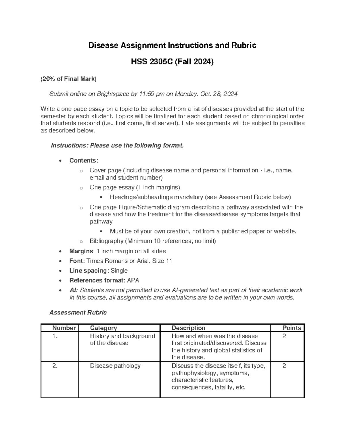Disease Assignment Instructions and Rubric - Oct. 2 8 , 2024 Write a ...