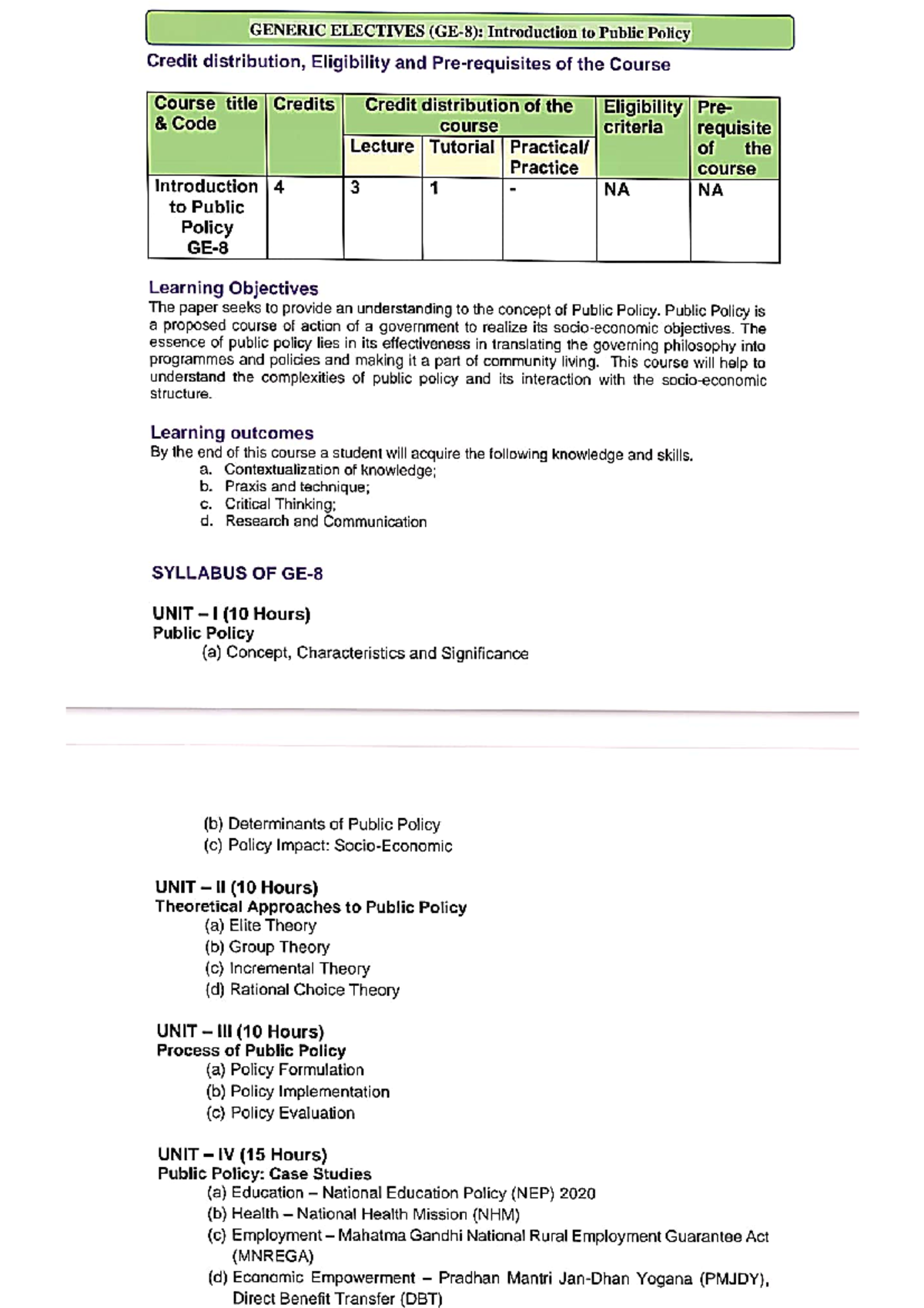 GENERIC ELECTIVES: Intro to Public Policy Course Overview - Studocu