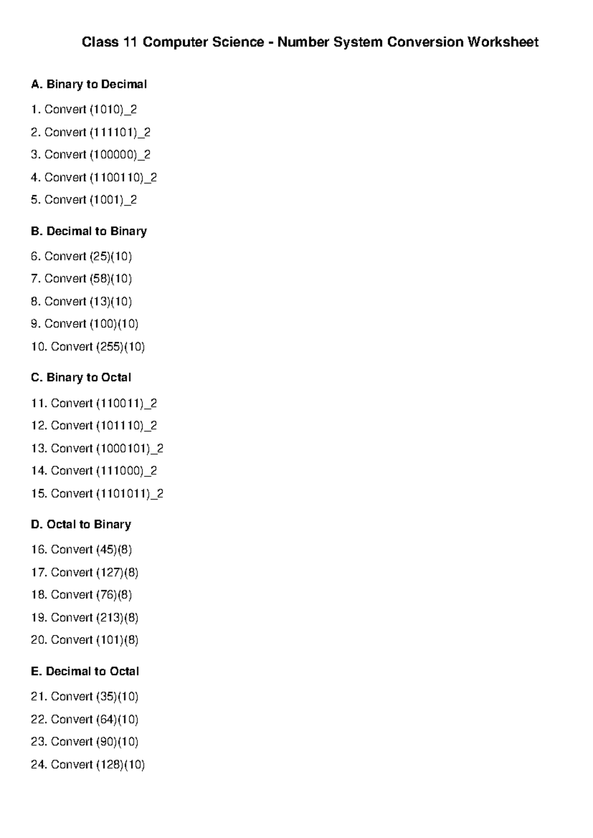 Class 11 Computer Science Number System Conversion Worksheet - Studocu