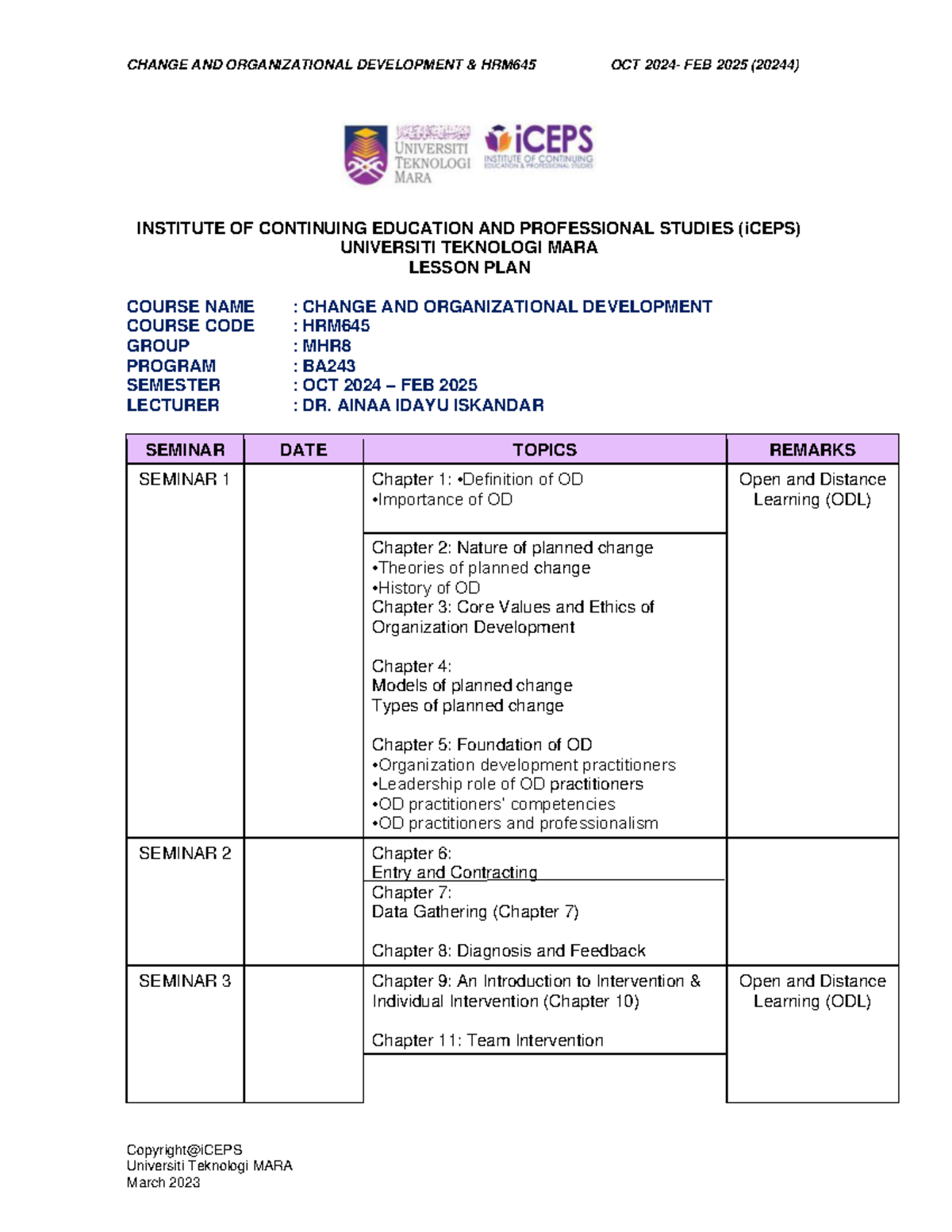Lesson PLAN Iceps 20244 - CHANGE AND ORGANIZATIONAL DEVELOPMENT ...