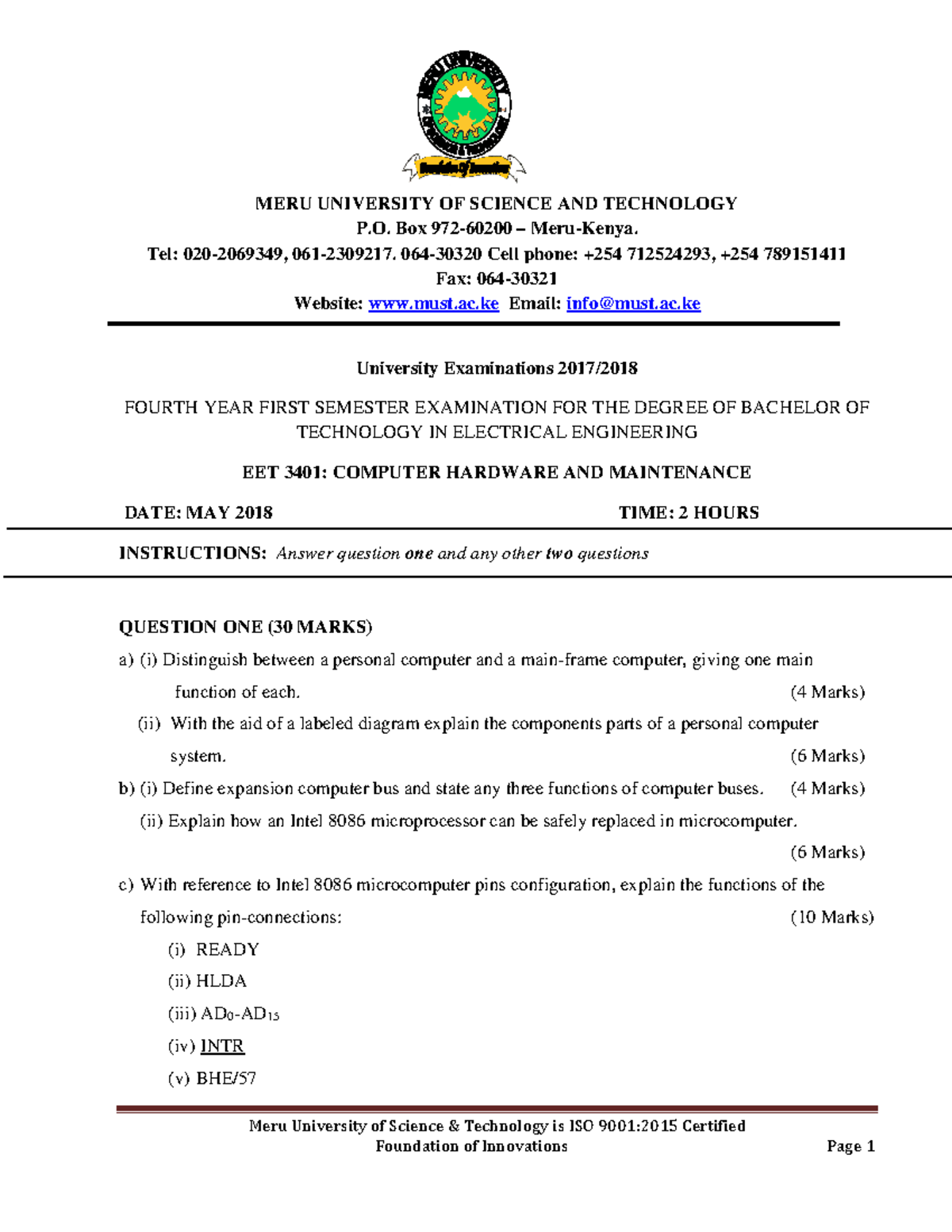 EET 3401 Final Exam Papers: Computer Hardware & Maintenance - Studocu