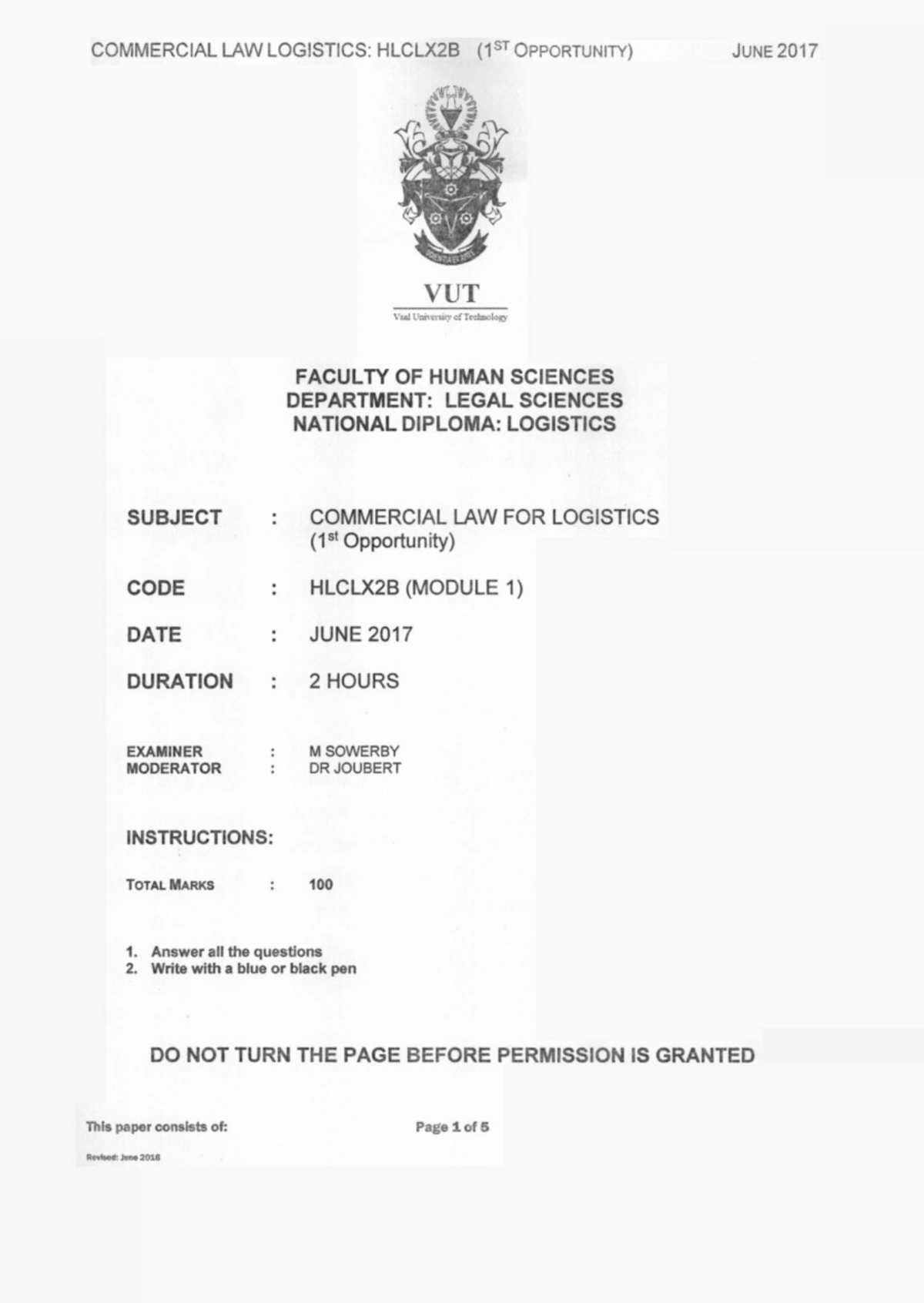 Commercial Law for Logistics HLCLX2B 1st Opportunity Exam June 2017 ...