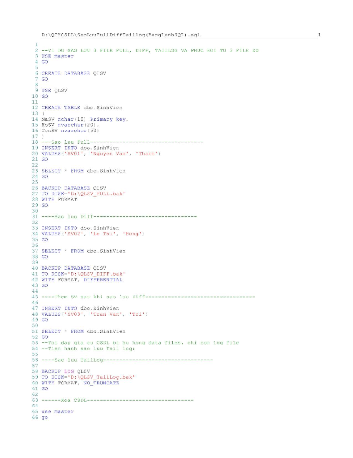 Sao Lưu Full, Diff, TailLog (Bang Lenh SQL) - Hướng Dẫn - Studocu