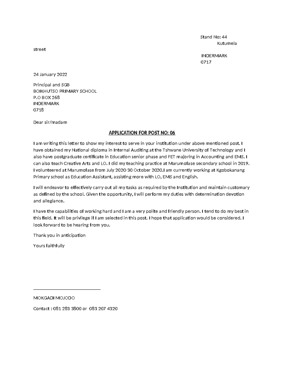 Covering Letter Bataung Pertunia - Stand No: 44 Kutumela street ...