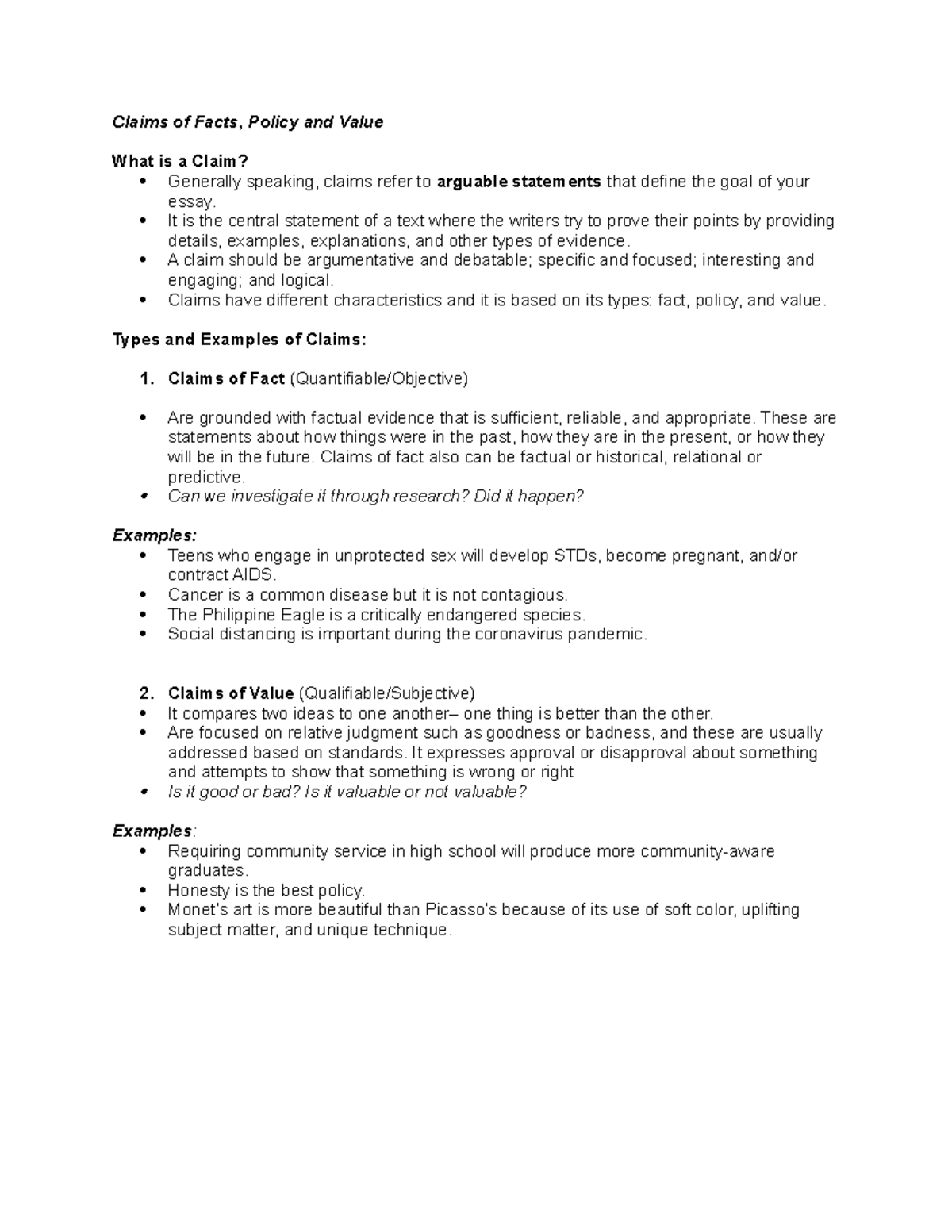 Claims of Facts, Value, and Policy Explained for Essays - Studocu
