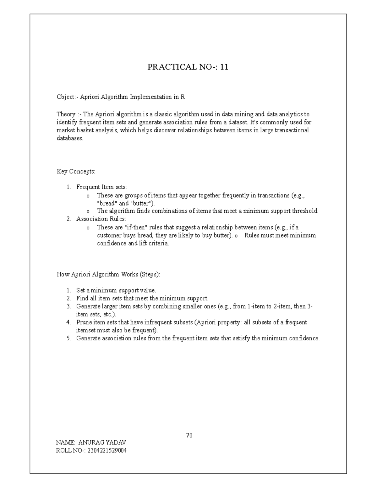 PRACTICAL 11: Apriori Algorithm Implementation in R for Data Mining ...