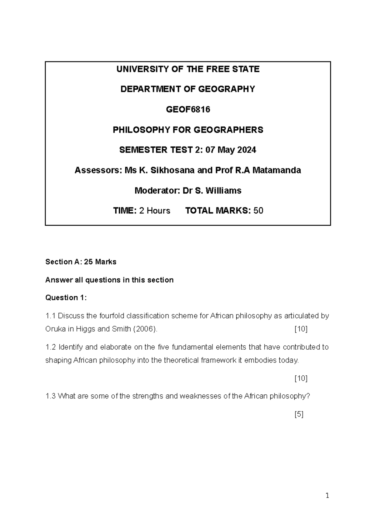 GEOF6816 Philosophy for Geographers Semester Test 2: May 2024 Guide ...