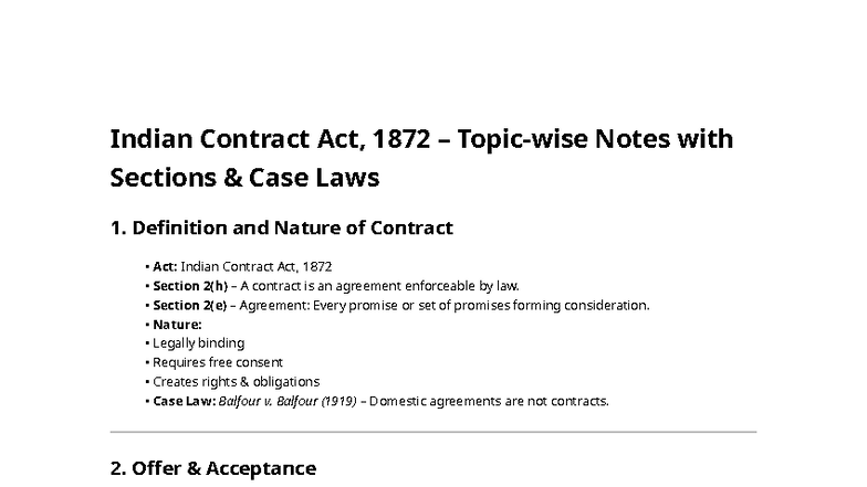 Indian Contract Act, 1872: Comprehensive Notes & Case Laws - Studocu