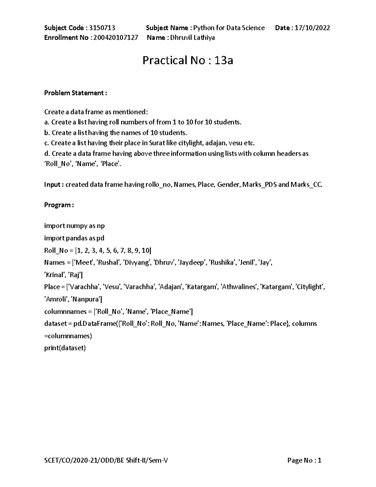 Creating DataFrame with Student Details in Python - Practical 13a - Studocu
